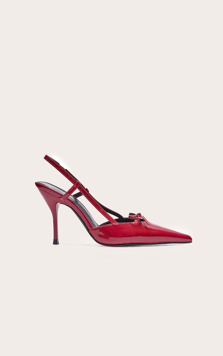 Red Patent PU Point Toe Bow Detail Mid Heel Courts - PrettyLittleThing